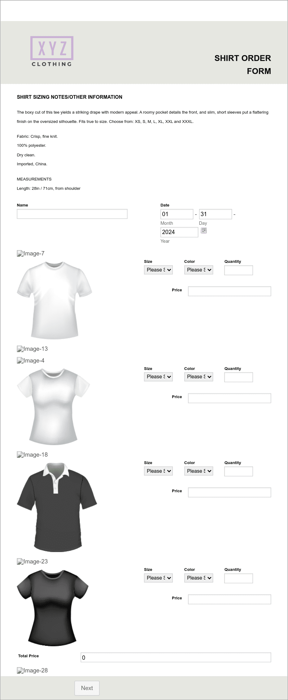 Shirt Order Form Template | Jotform
