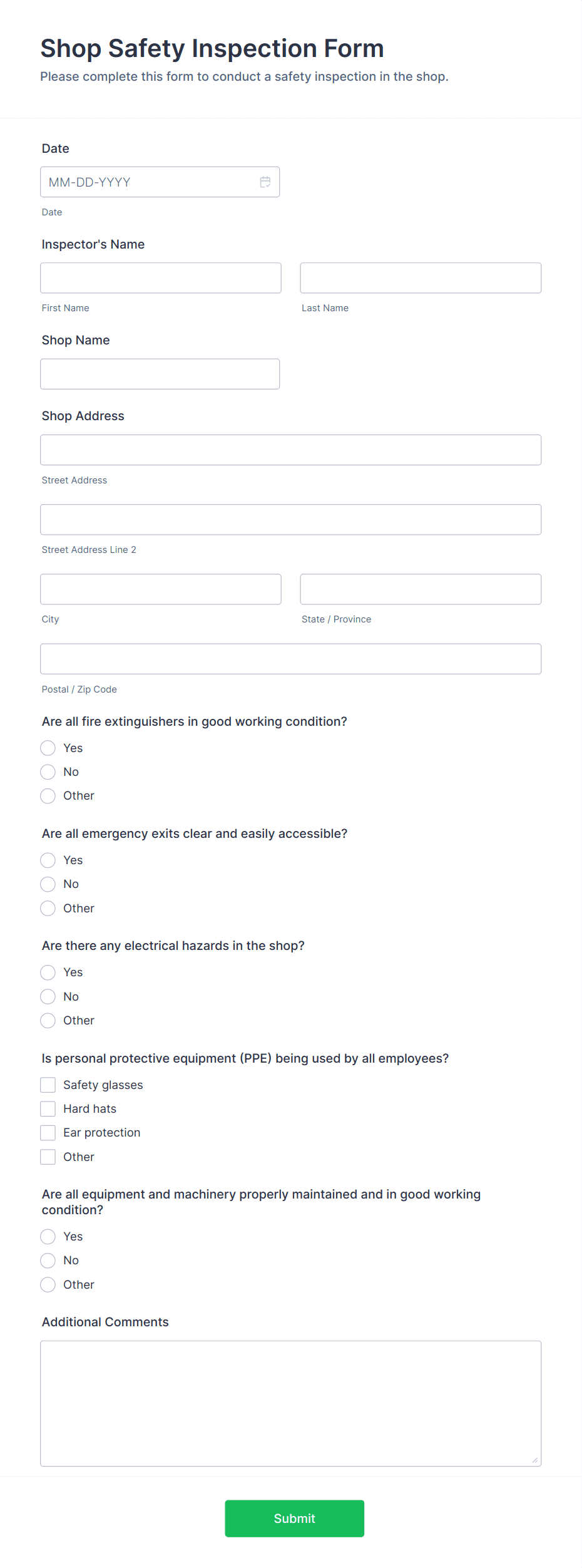 Shop Safety Inspection Form Template | Jotform