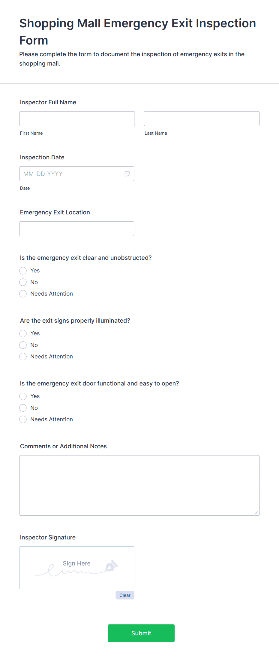 Shopping Mall Emergency Exit Inspection Form Template | Jotform