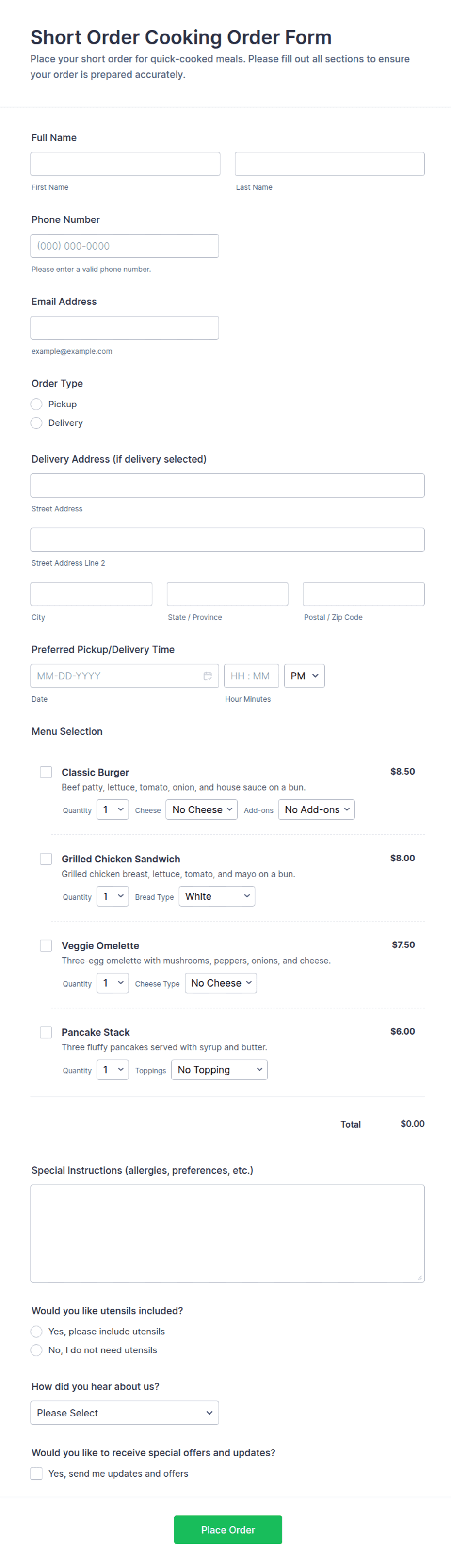 Short Order Cooking Order Form Template | Jotform