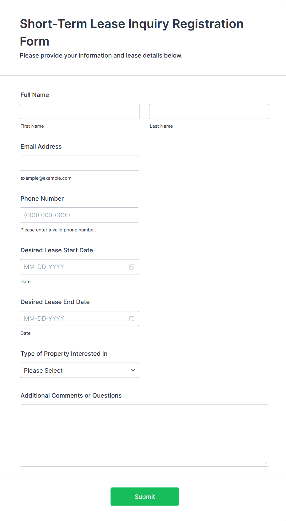 Short-Term Lease Inquiry Registration Form Template | Jotform