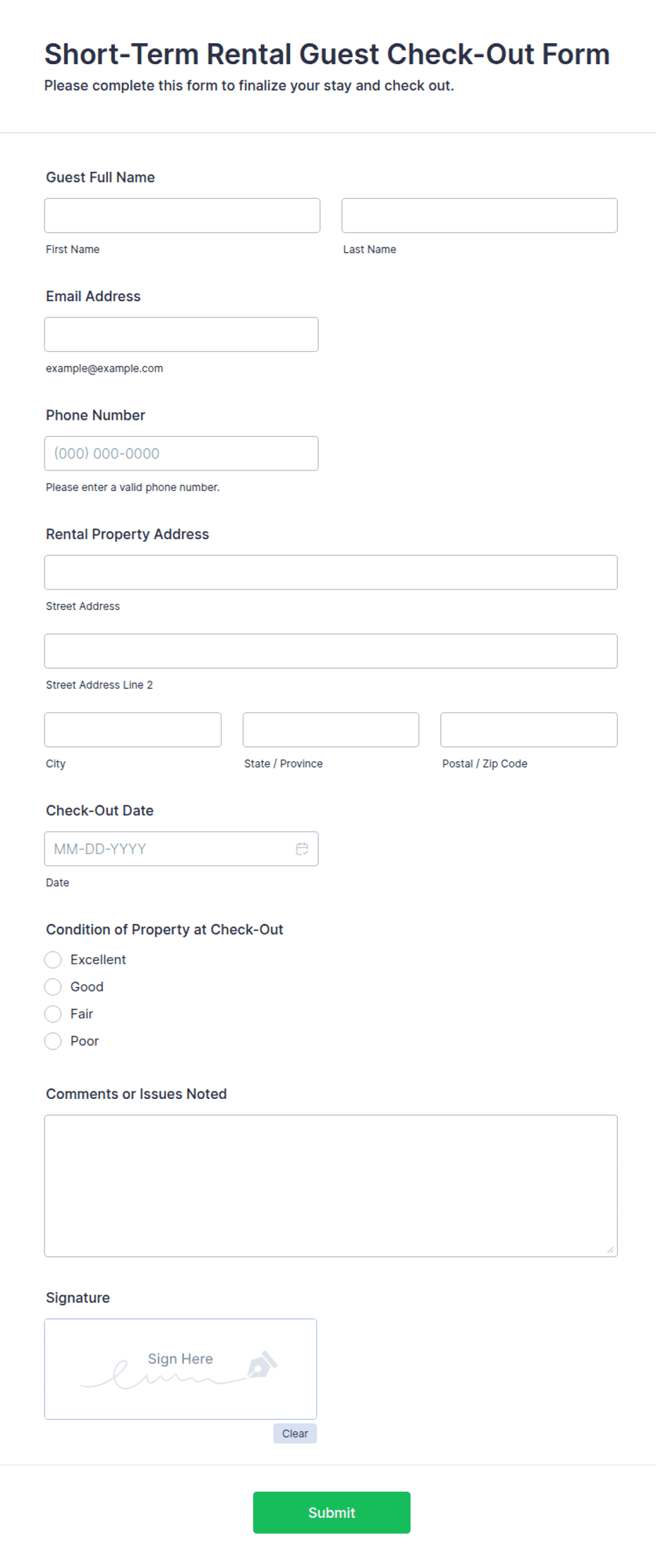 Short-Term Rental Guest Check-Out Form Template | Jotform