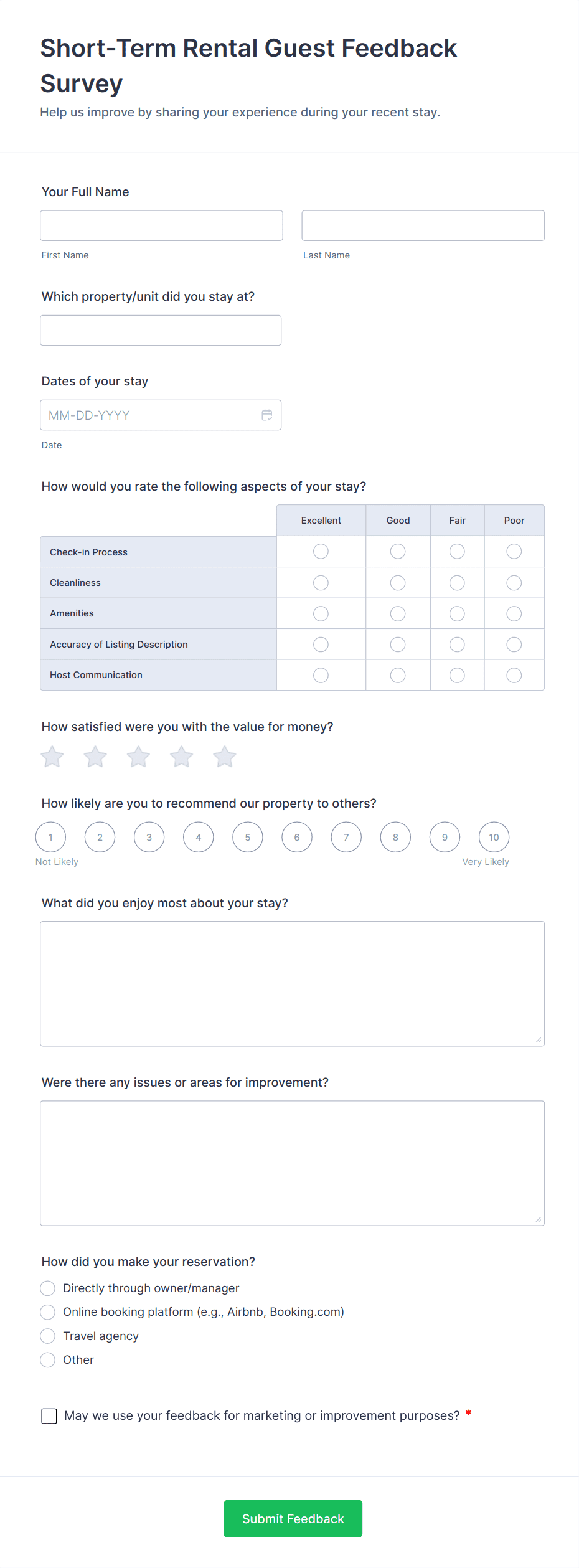 Short-Term Rental Guest Feedback Survey Form Template | Jotform