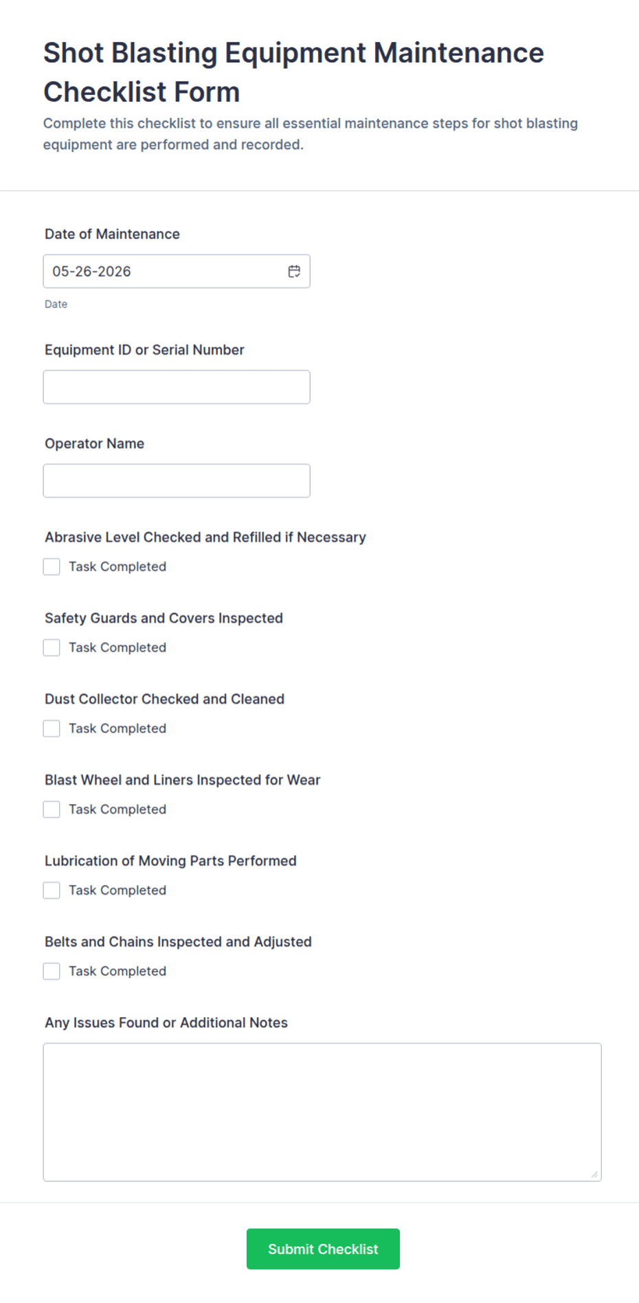 Shot Blasting Equipment Maintenance Checklist Form Template | Jotform