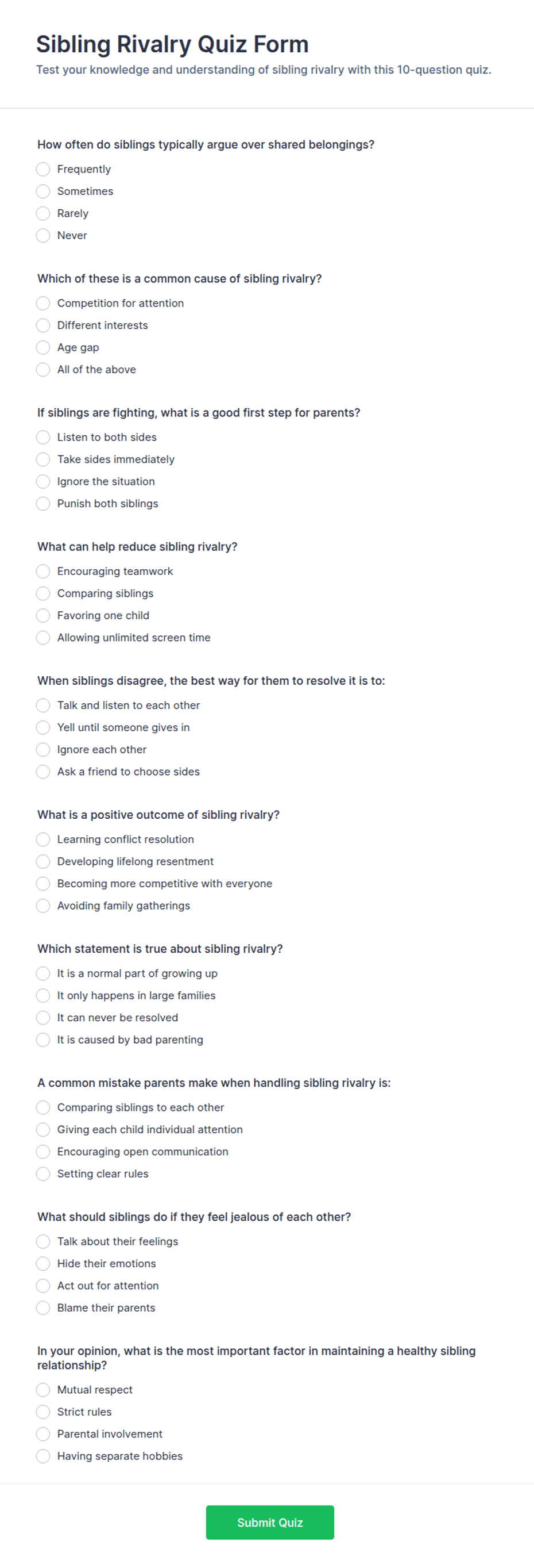 Sibling Rivalry Quiz Form Template | Jotform