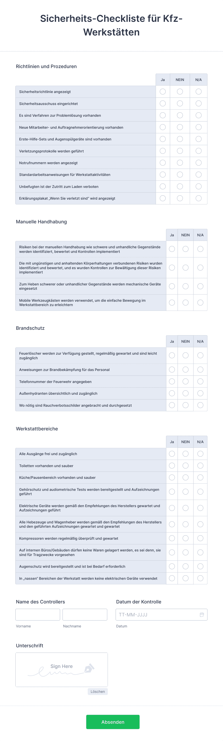 Sicherheits-Checkliste für Kfz-Werkstätten Formularvorlage | Jotform