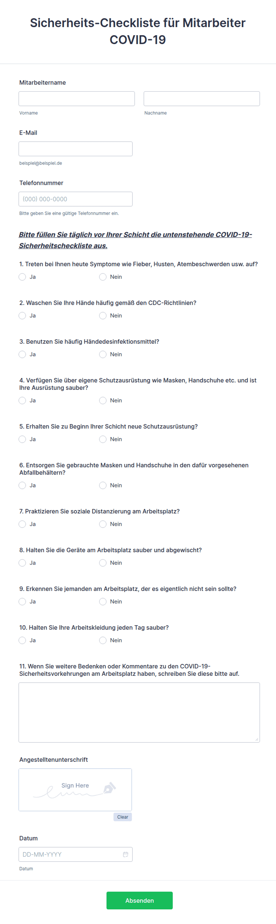 Sicherheits-Checkliste für Mitarbeiter COVID-19 | Jotform
