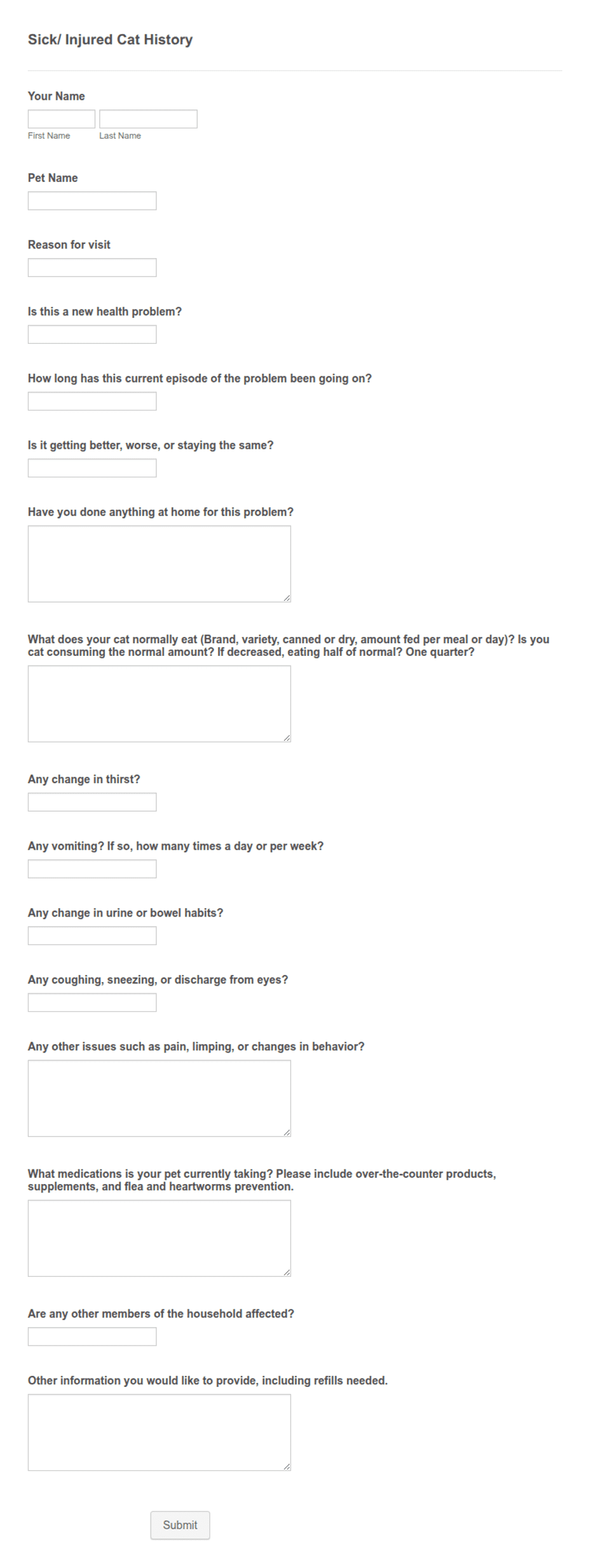 Sick/ Injured Cat History Form Template | Jotform