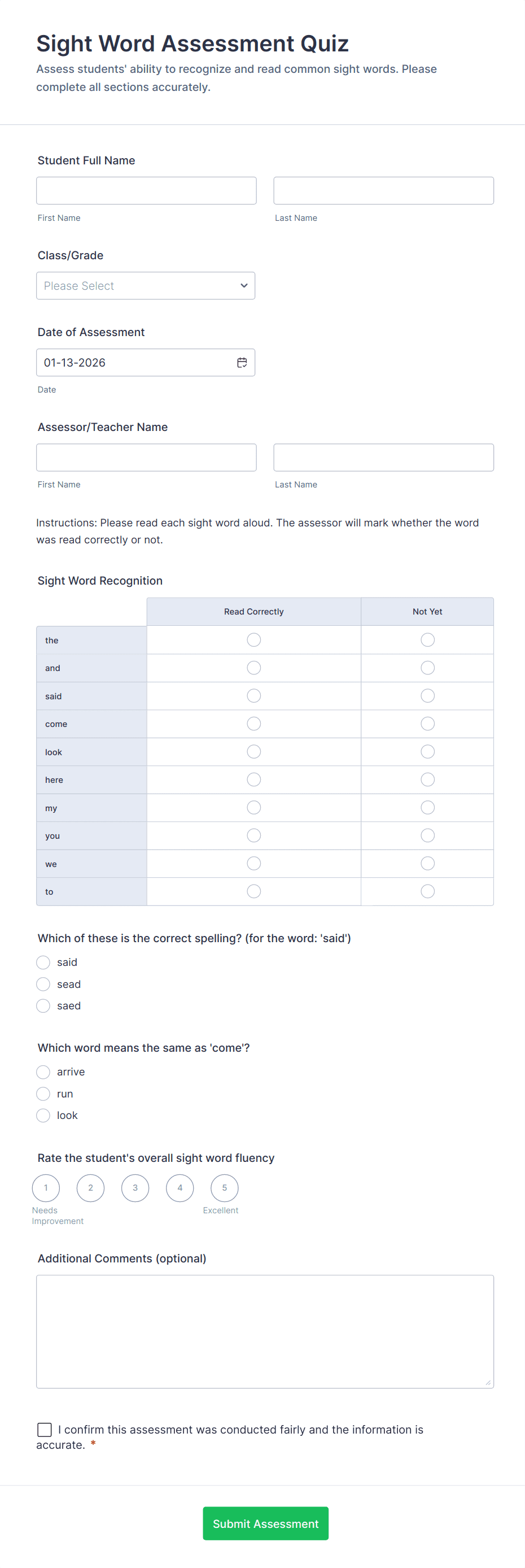 Sight Word Assessment Quiz Form Template | Jotform
