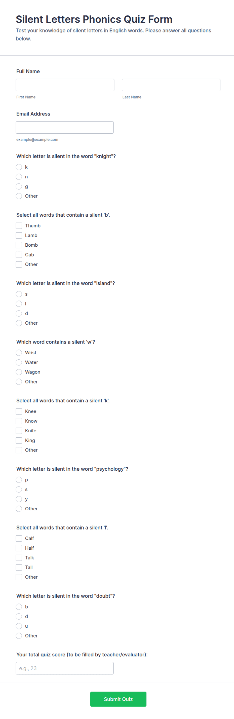 Silent Letters Phonics Quiz Form Template | Jotform