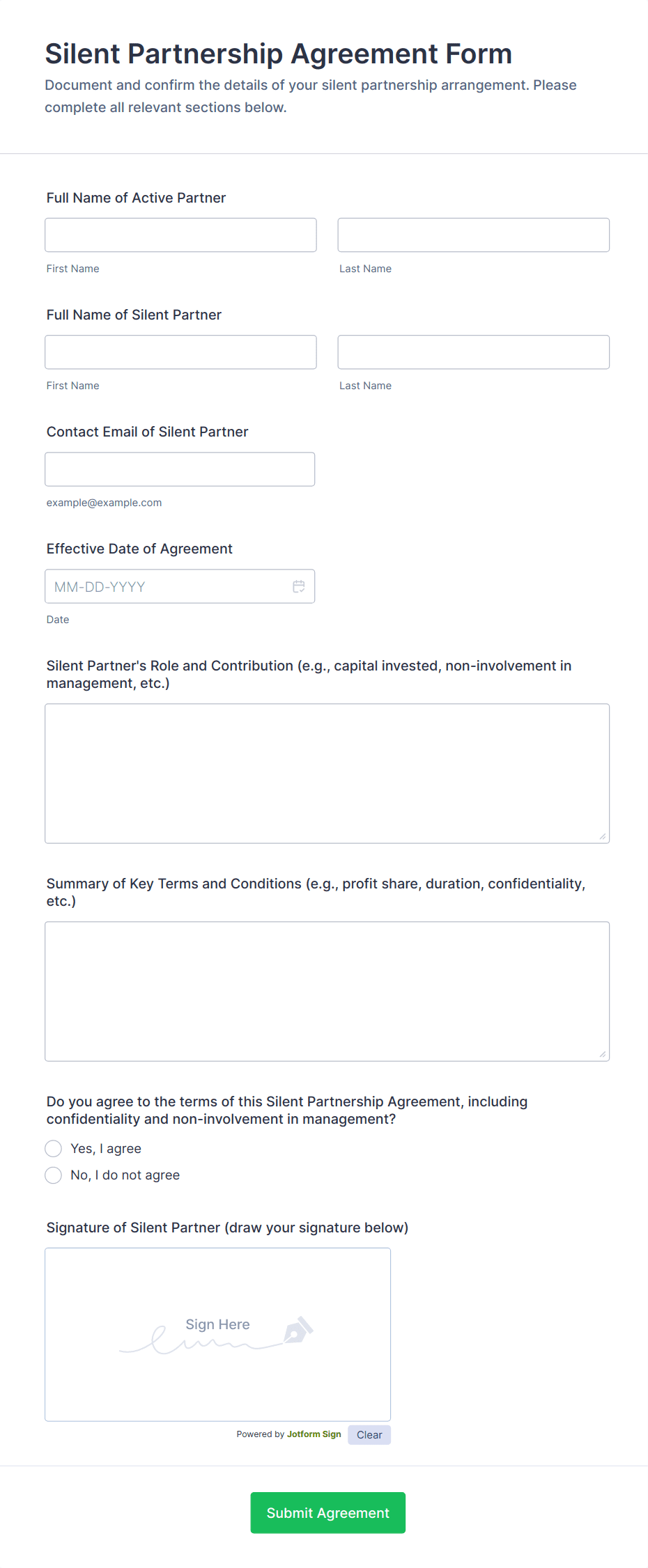 Silent Partnership Agreement Form Template | Jotform