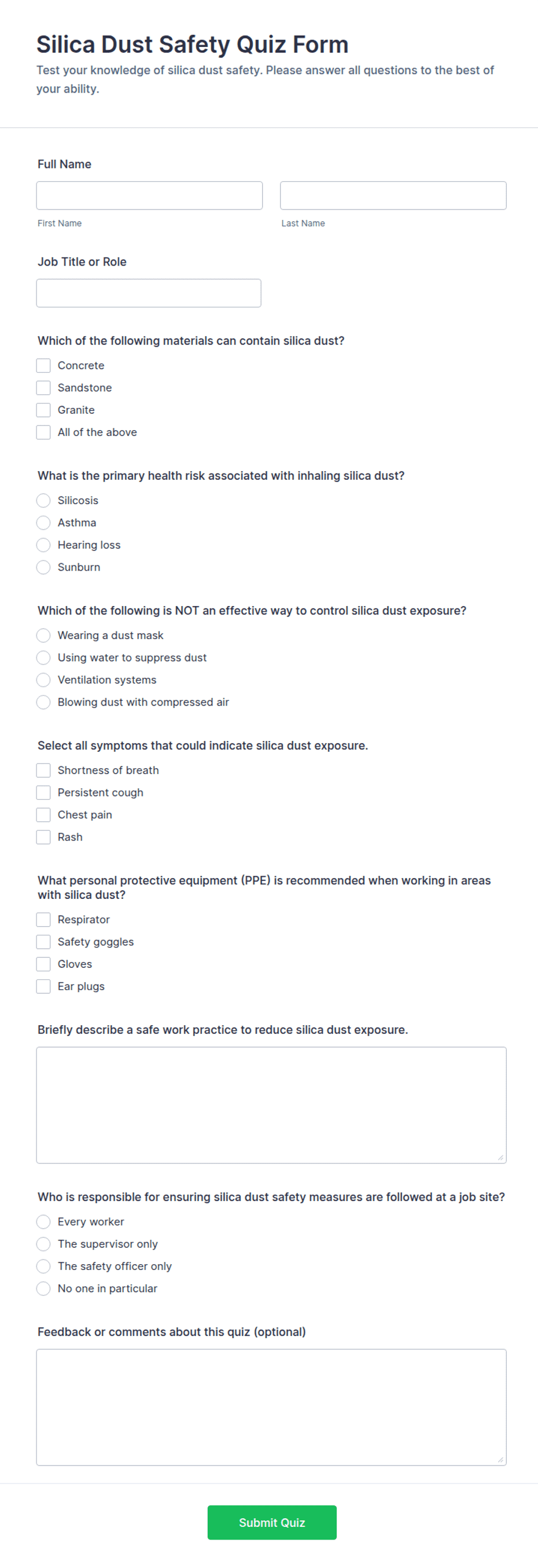 Silica Dust Safety Quiz Form Template | Jotform