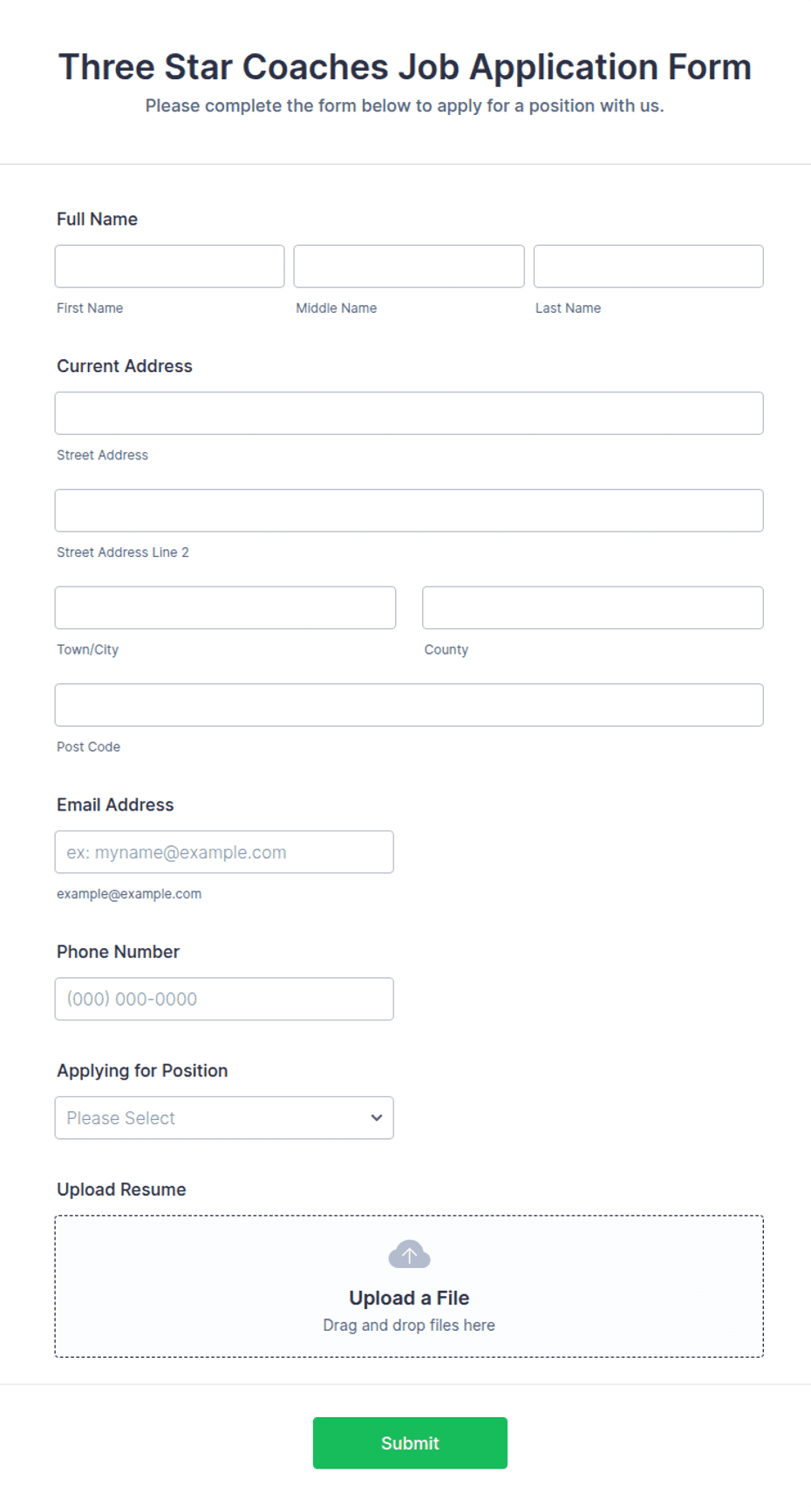 Simple Job Application Form Three Star Coaches Form Template | Jotform