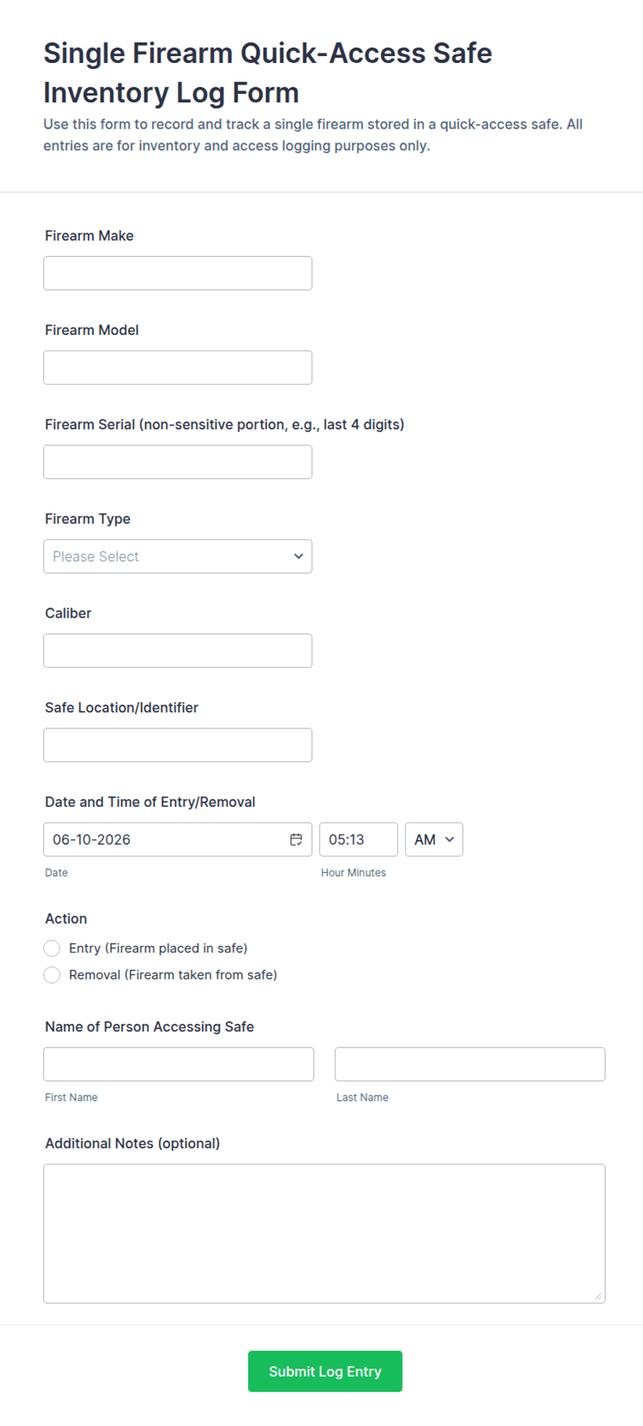 Single Firearm Quick-Access Safe Inventory Log Form Template | Jotform