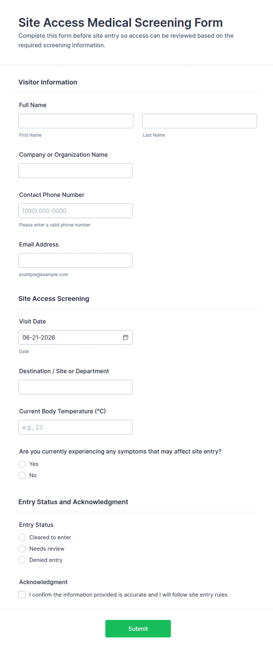 Site Access Medical Screening Form Template | Jotform