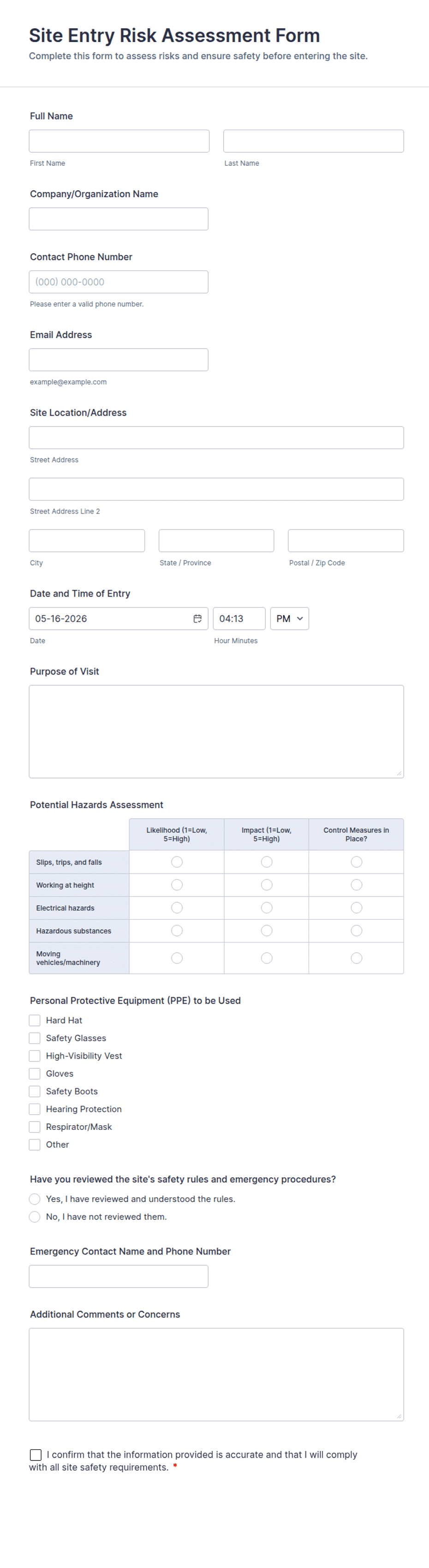 Site Entry Risk Assessment Form Template | Jotform