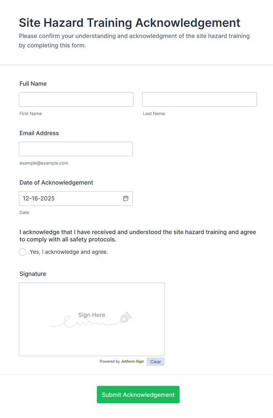 Site Hazard Training Acknowledgement Form Template | Jotform
