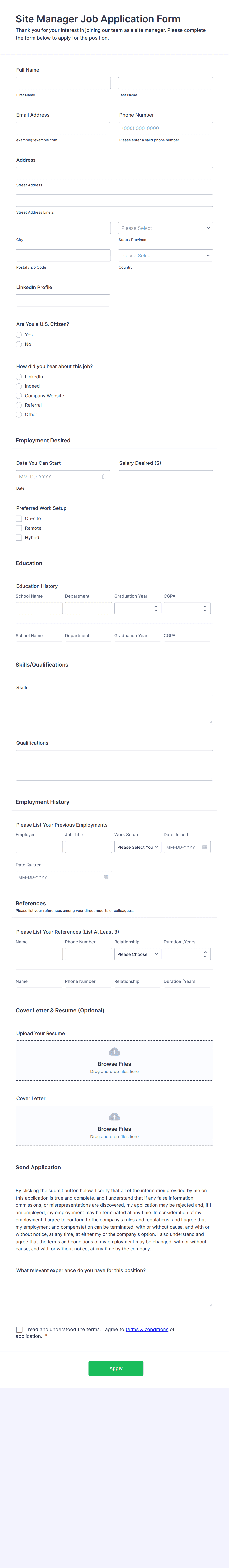Site Manager Job Application Form Template | Jotform