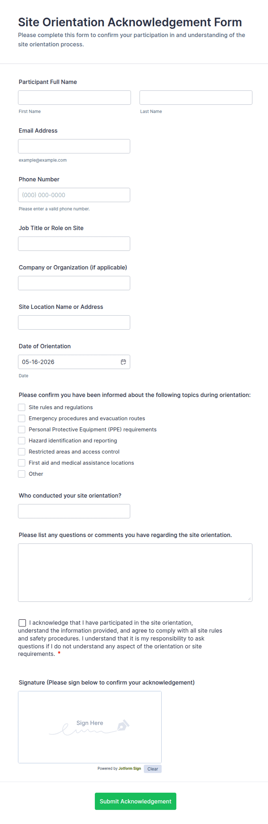 Site Orientation Acknowledgement Form Template | Jotform