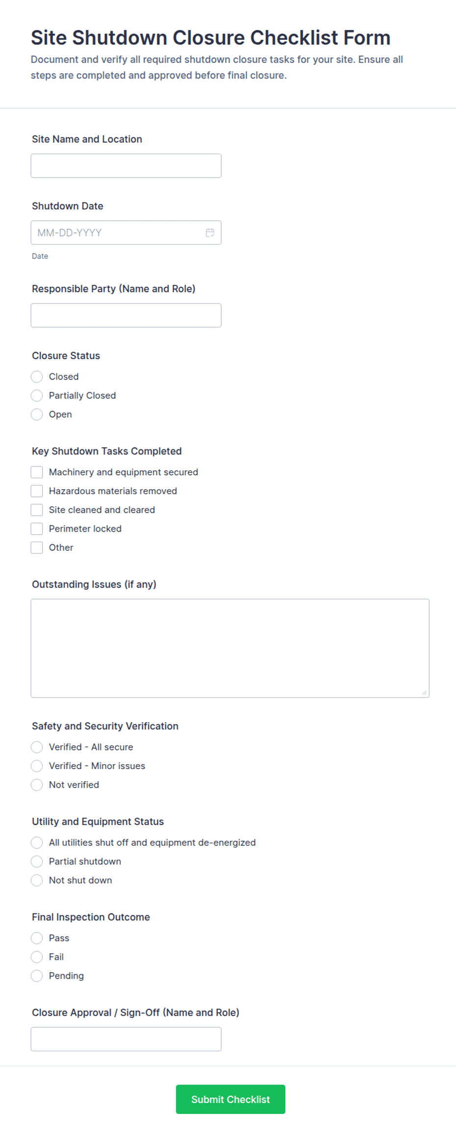 Site Shutdown Closure Checklist Form Template | Jotform