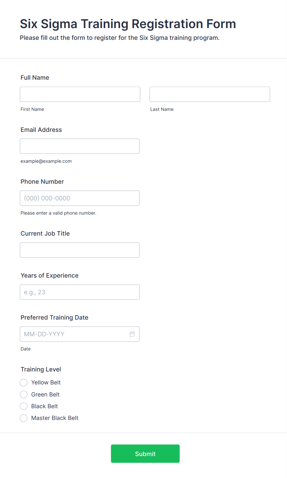 Six Sigma Training Registration Form Template | Jotform