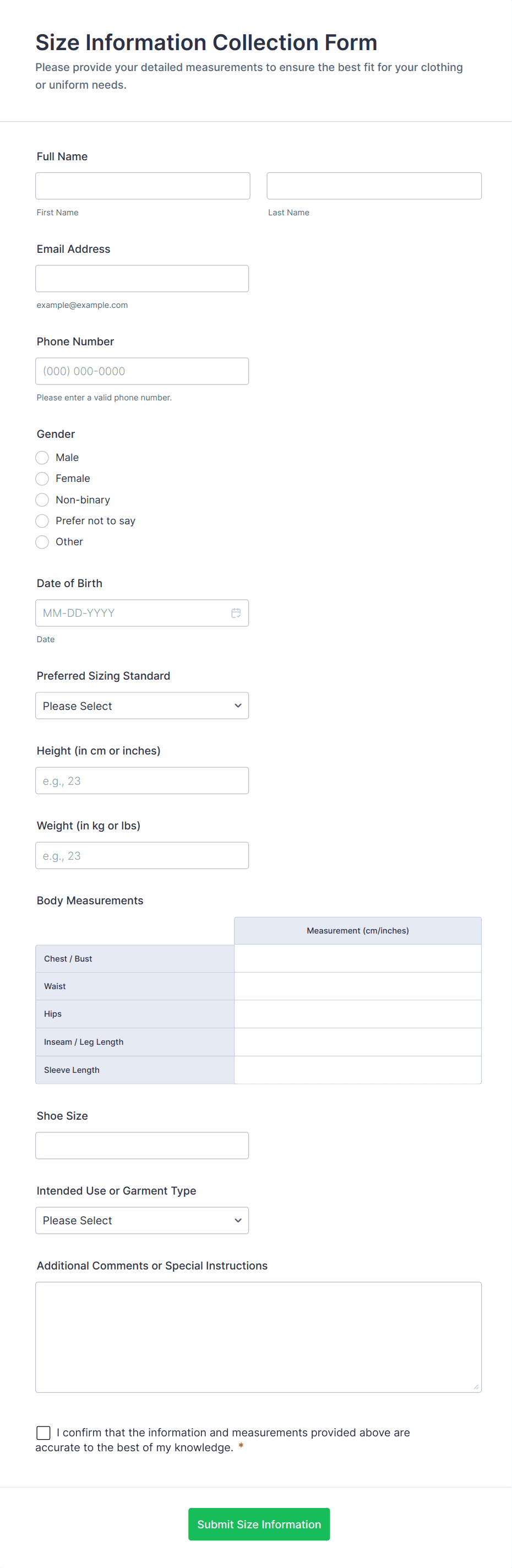 Size Information Collection Form Template | Jotform