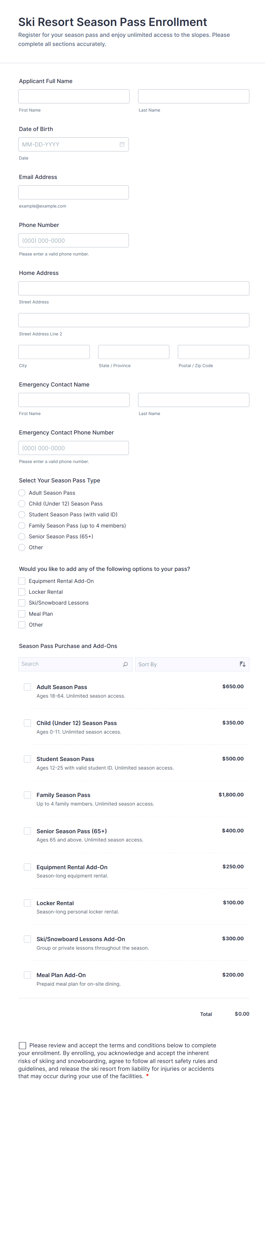 Ski Resort Season Pass Enrollment Form Template | Jotform