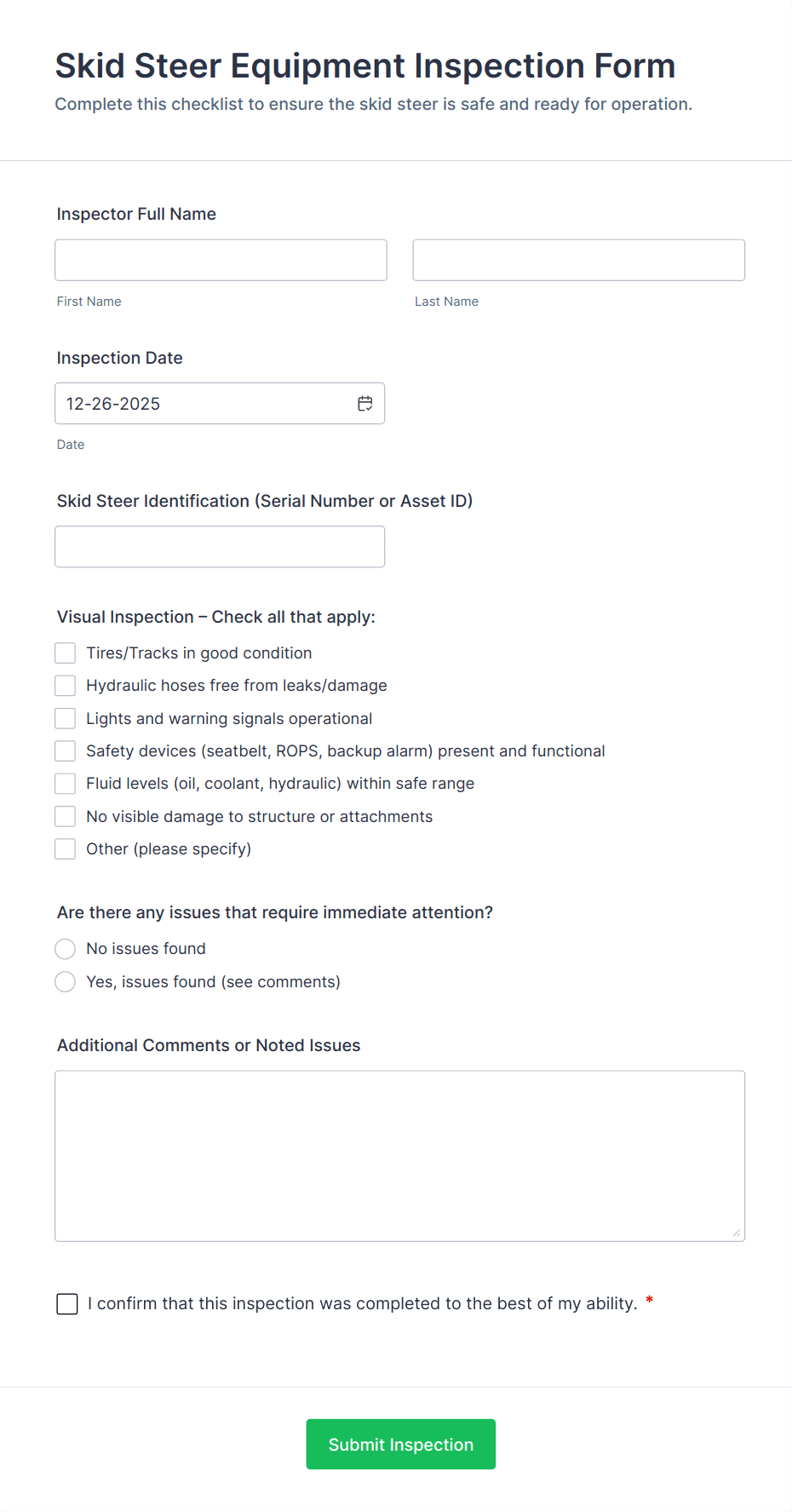 Skid Steer Equipment Inspection Form Template | Jotform