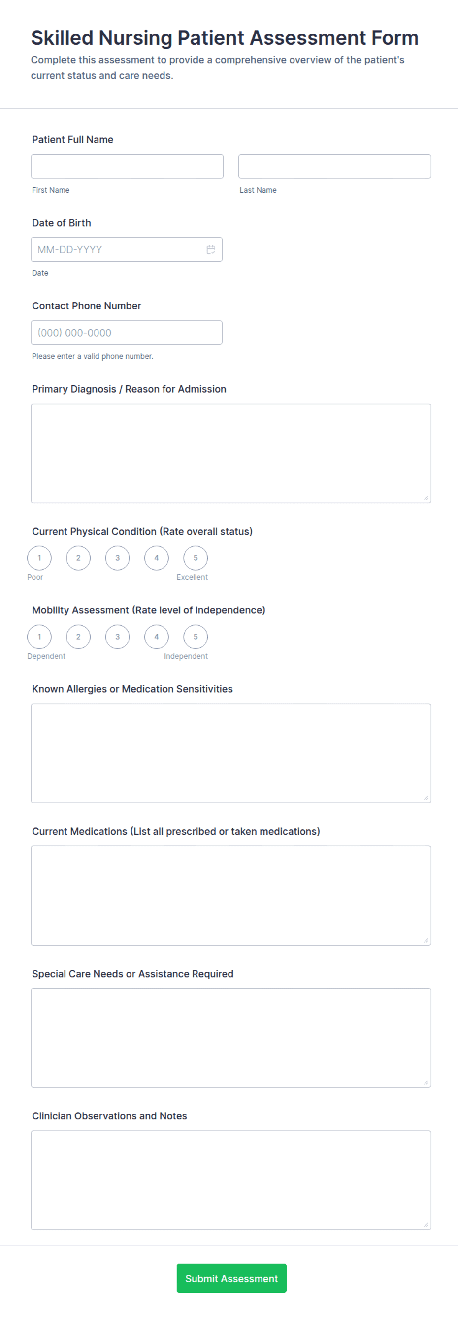 Skilled Nursing Patient Assessment Form Template | Jotform