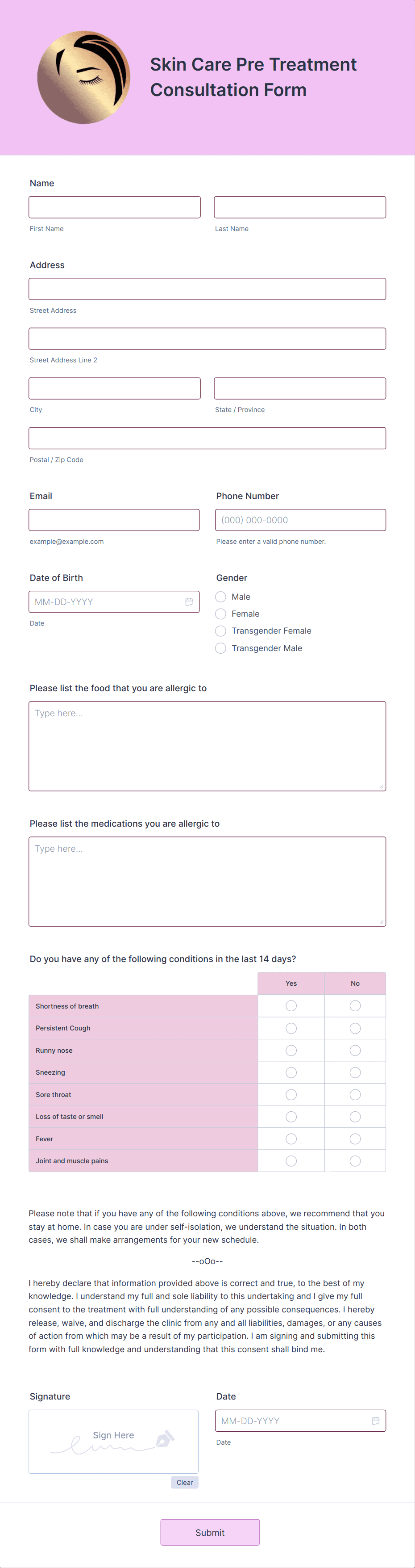 Skin Care Pre Treatment Consultation Form Template | Jotform