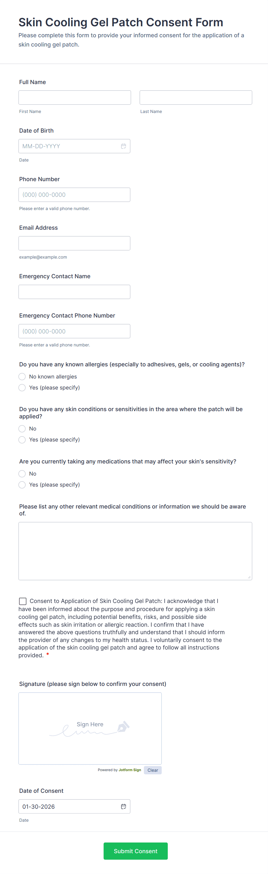 Skin Cooling Gel Patch Consent Form Template | Jotform