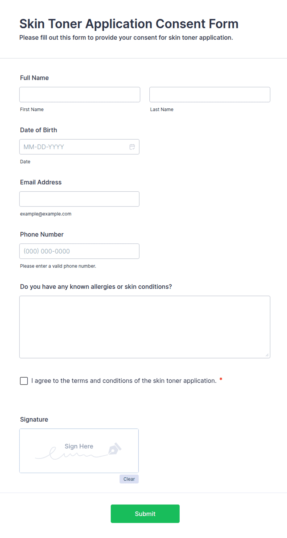 Skin Toner Application Consent Form Template | Jotform