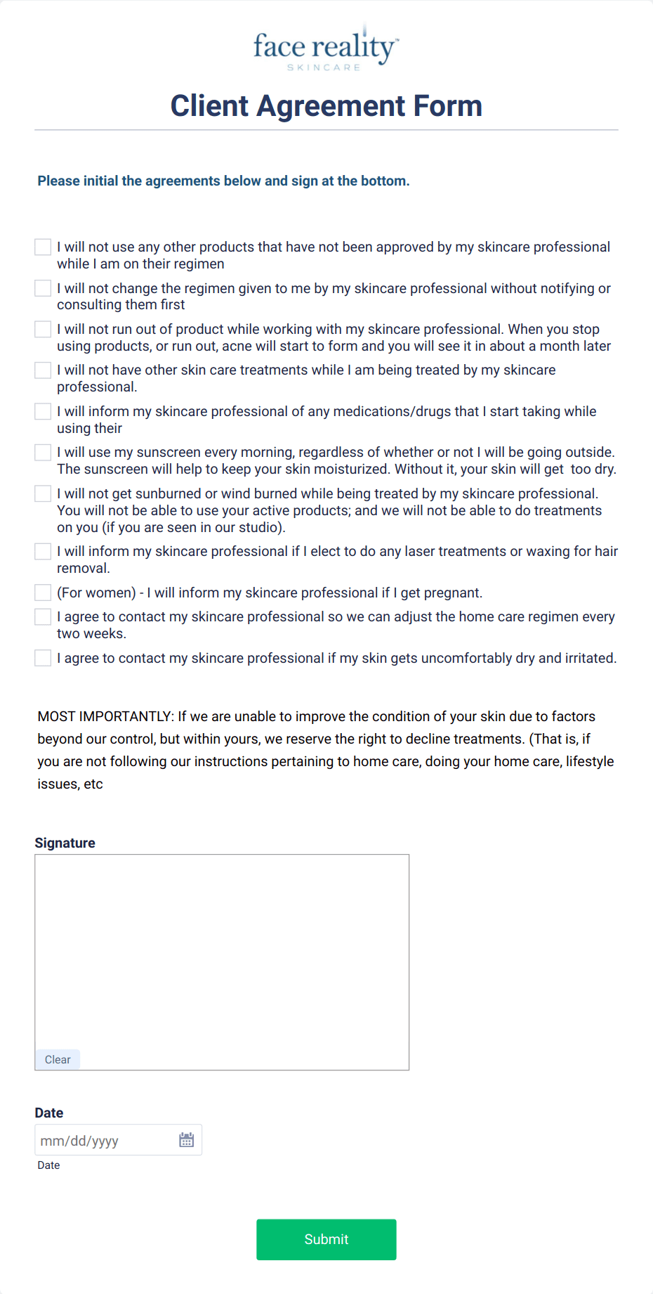 Skincare Client Agreement Form Template | Jotform
