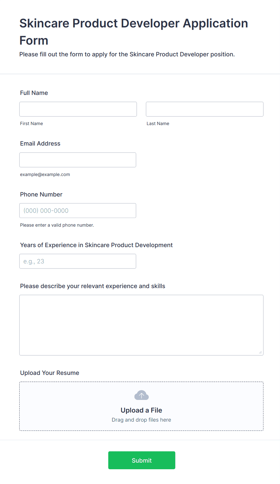 Skincare Product Developer Application Form Template | Jotform