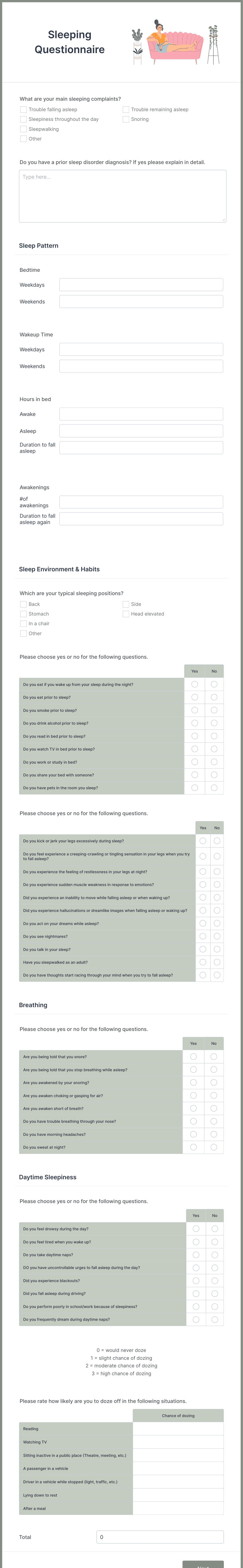 Sleeping Questionnaire Form Template | Jotform