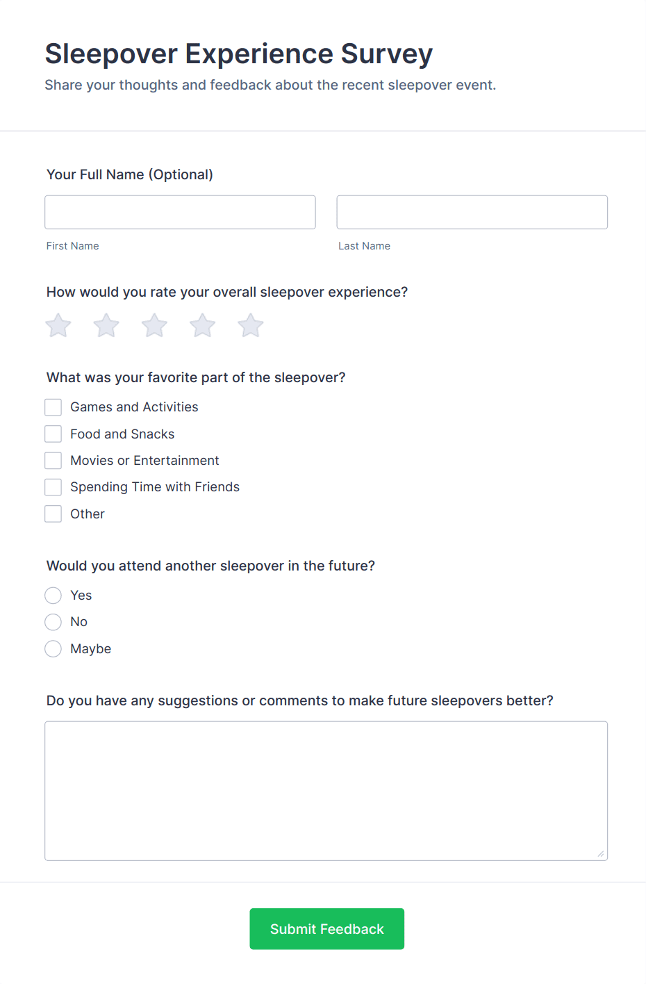 Sleepover Experience Survey Form Template | Jotform