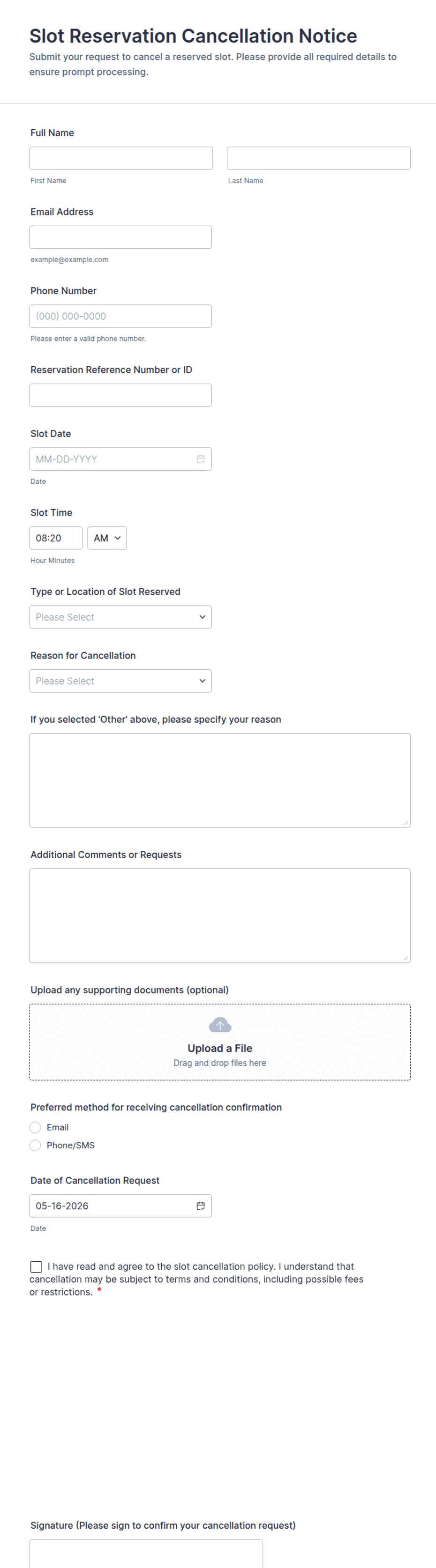 Slot Reservation Cancellation Notice Form Template | Jotform