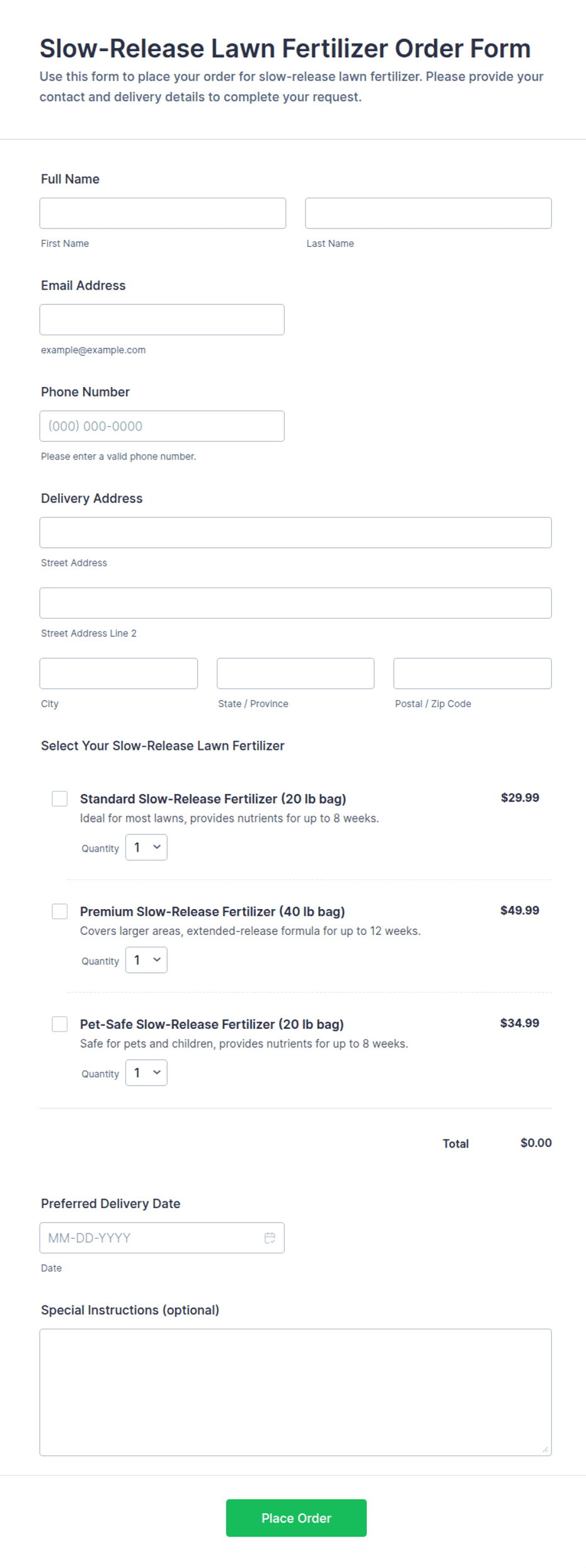 Slow-Release Lawn Fertilizer Order Form Template | Jotform