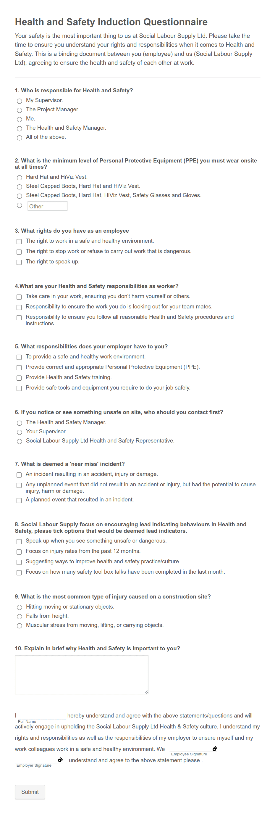 SLS H&S Induction Questionnaire Form Template | Jotform