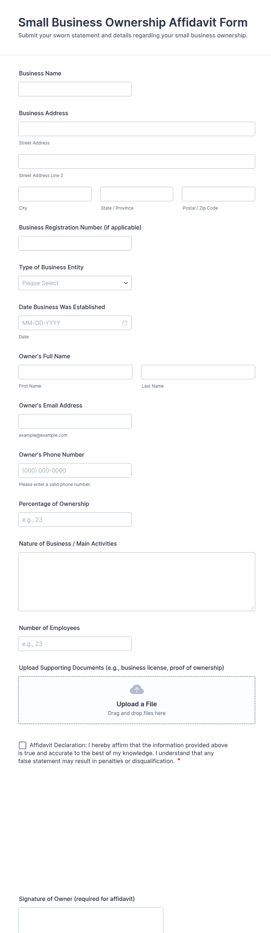 Small Business Ownership Affidavit Form Template | Jotform