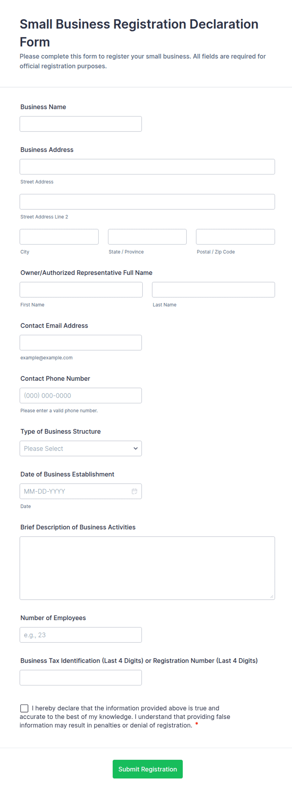 Small Business Registration Declaration Form Template | Jotform