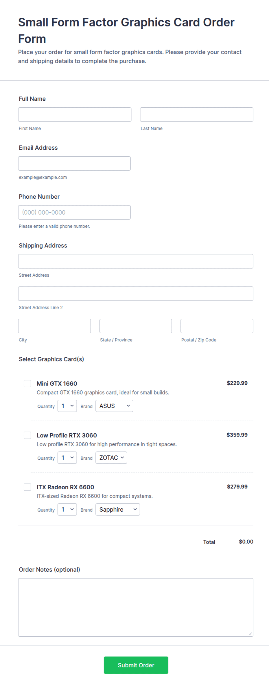 Small Form Factor Graphics Card Order Form | Jotform