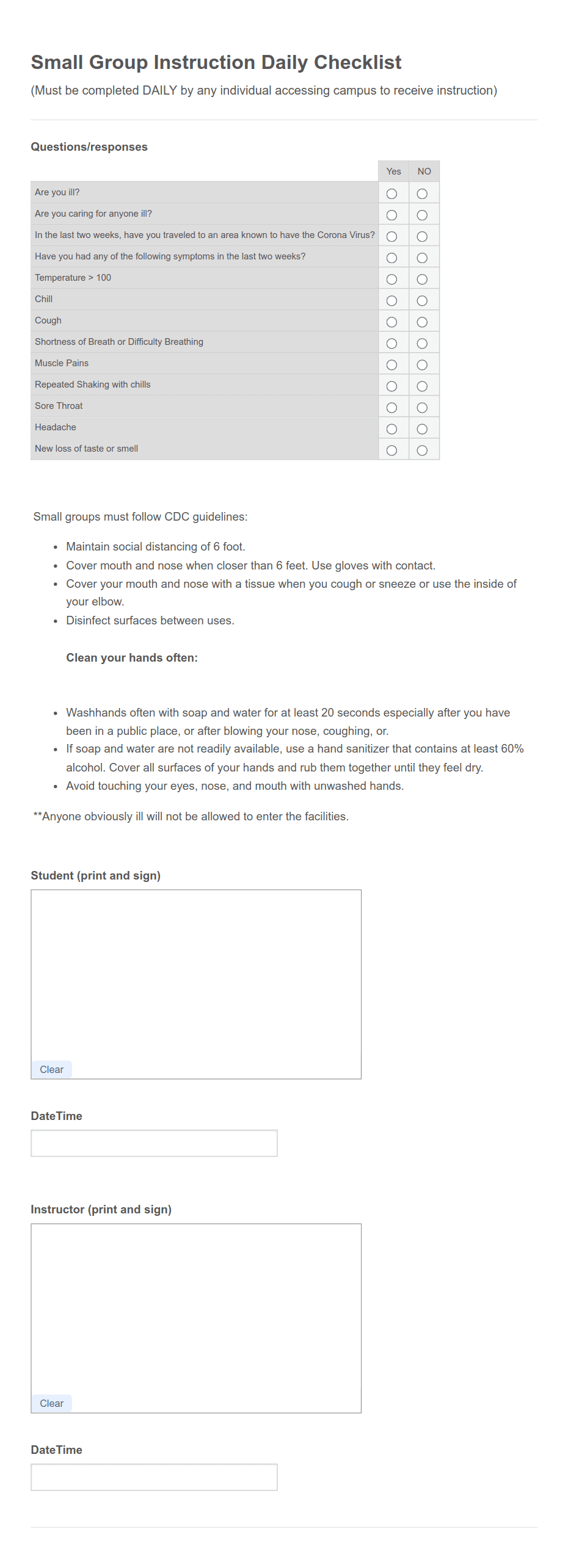 Small Group Instruction Daily Checklist Form Template | Jotform
