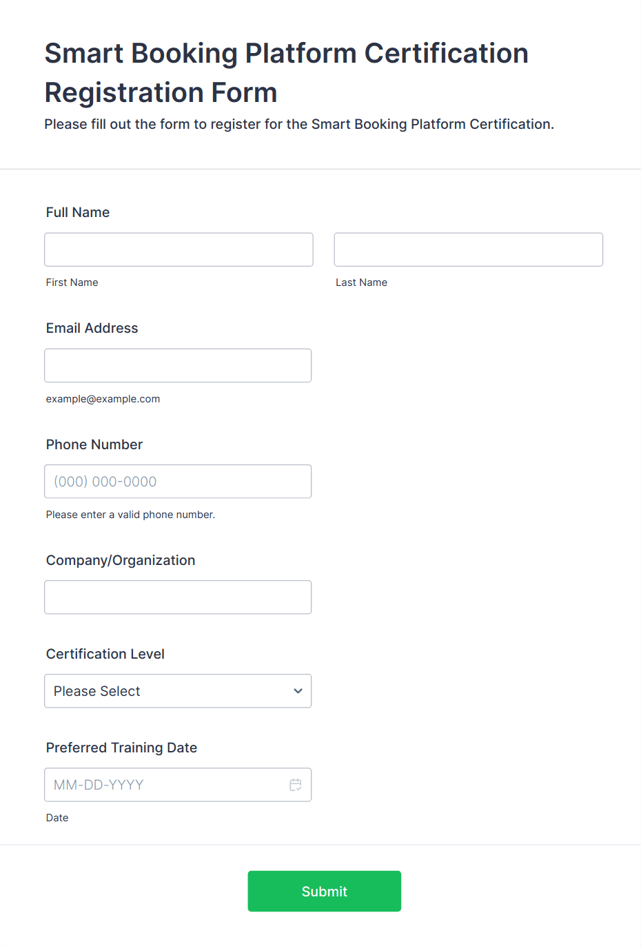 Smart Booking Platform Certification Registration Form Template | Jotform