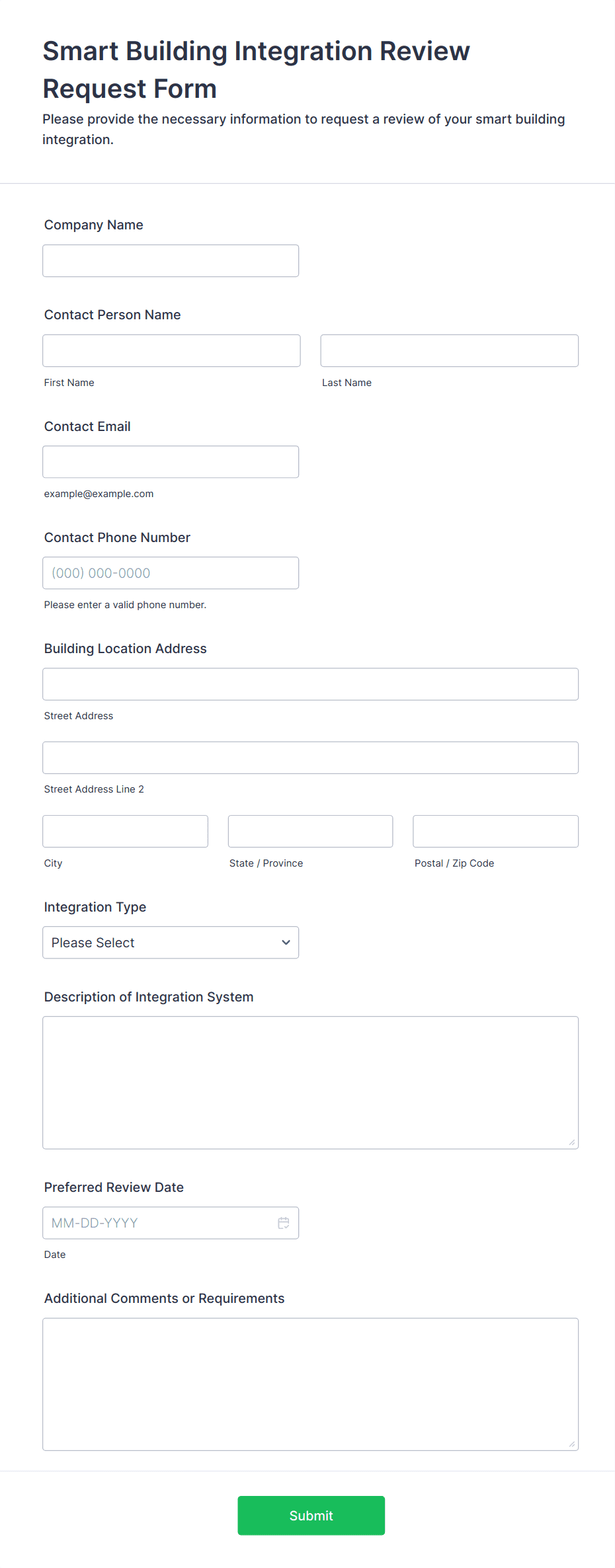 Smart Building Integration Review Request Form Template | Jotform
