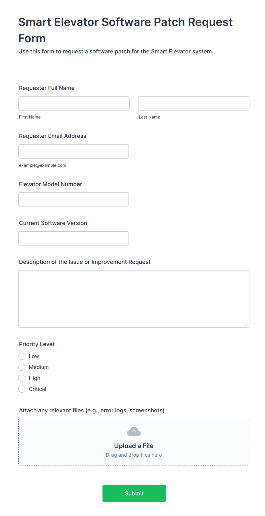 Smart Elevator Software Patch Request Form Template | Jotform