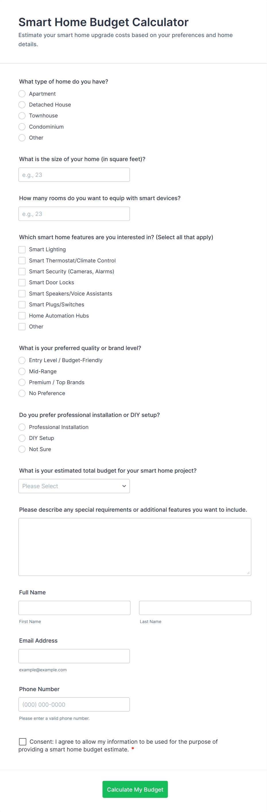 Smart Home Budget Calculator Form Template | Jotform