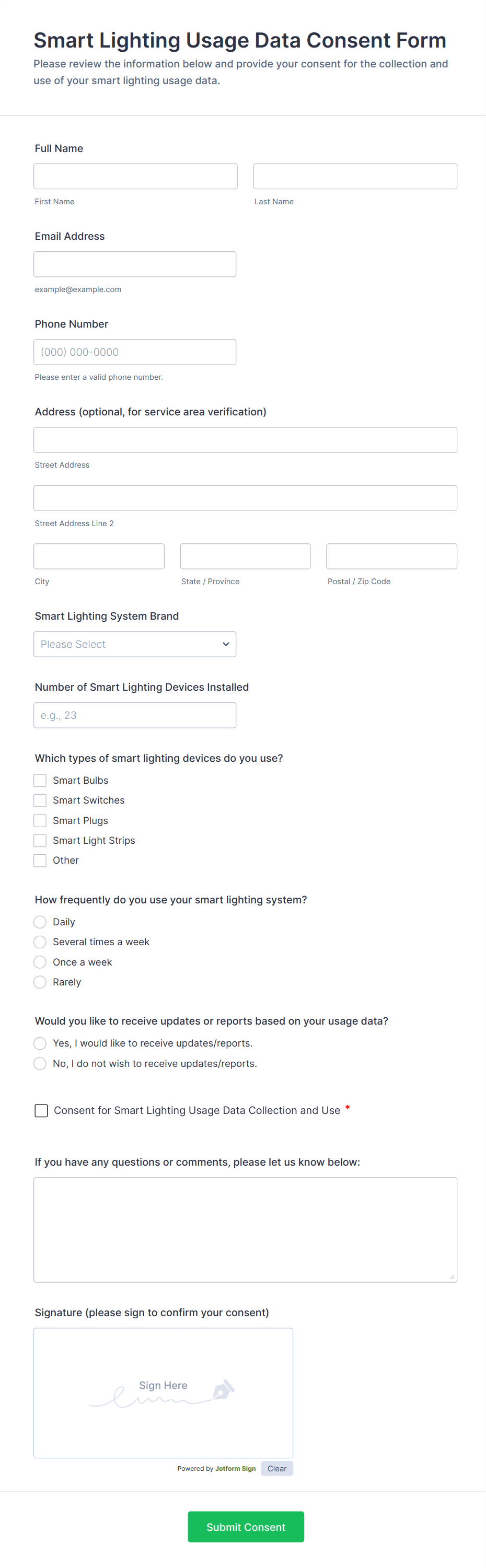 Smart Lighting Usage Data Consent Form Template | Jotform