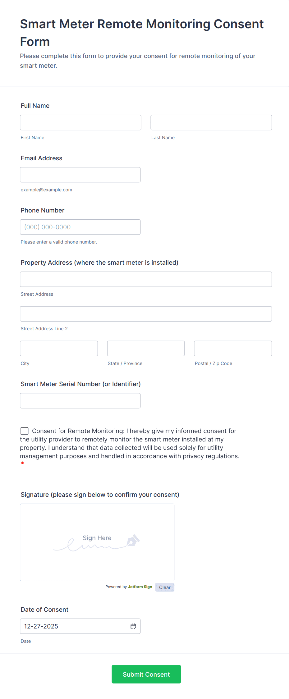 Smart Meter Remote Monitoring Consent Form Template | Jotform