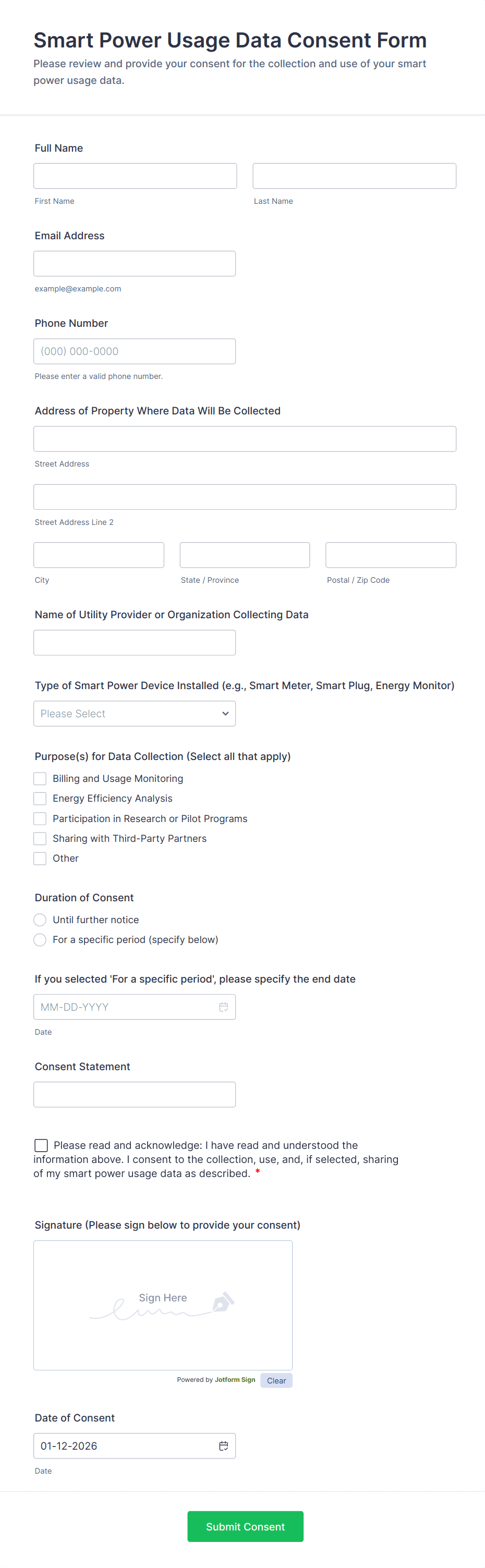 Smart Power Usage Data Consent Form Template | Jotform